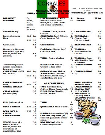 Menu at Corrales Mexican Food fast food, Ventura, 795 E Thompson Blvd