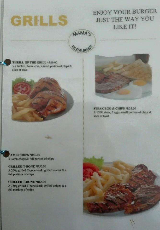 Menu at Mamas Restaurant and TakeAways, Barkly West