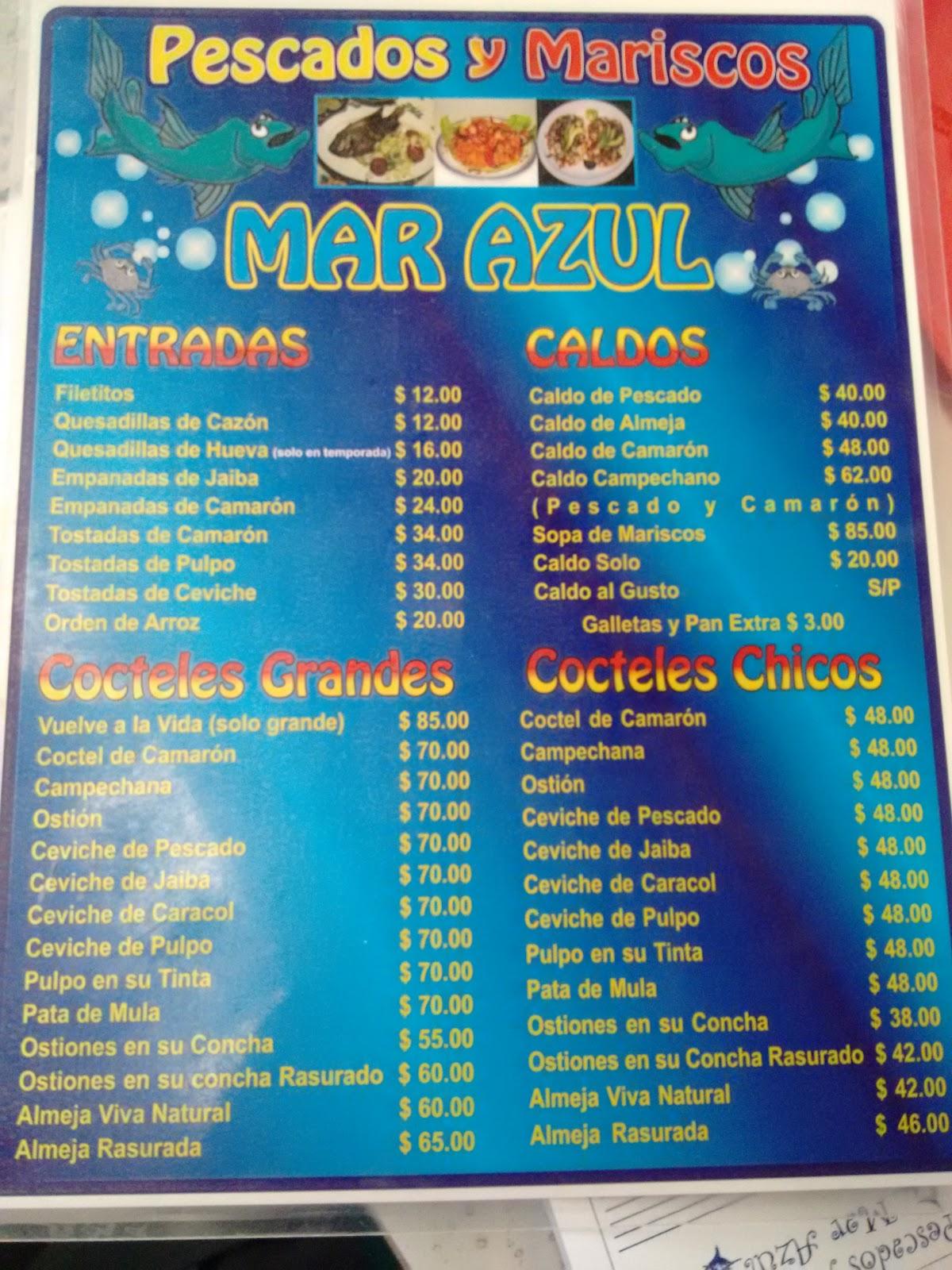 Menu at Pescados y Mariscos Mar Azul restaurant, Mexico City