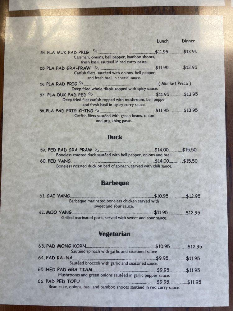 Menu at Thai Spice restaurant, Pinole