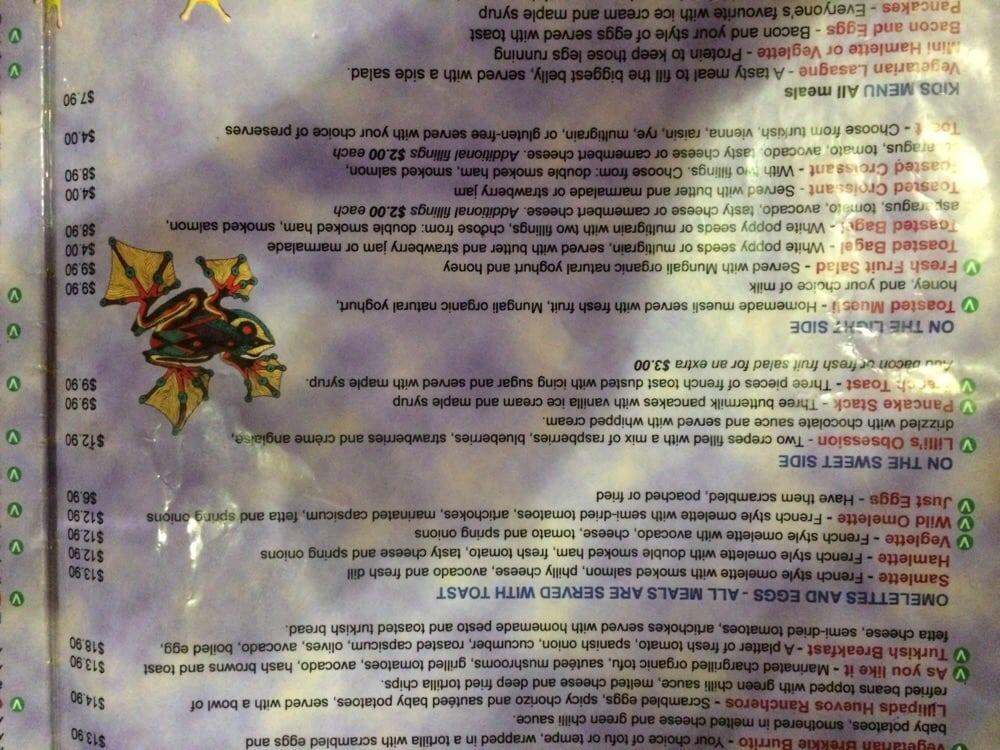 Menu at The Lillipad Cafe, Cairns