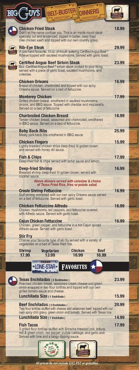 Menu at Big Guy's Ranch & Saloon pub & bar, Winnipeg