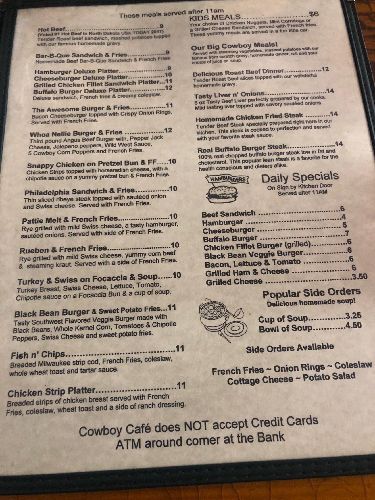 Menu at Cowboy Cafe, Medora