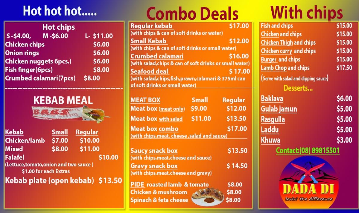 Menu at DADA DI ( Fannie Bay Kebab) restaurant, Fannie Bay