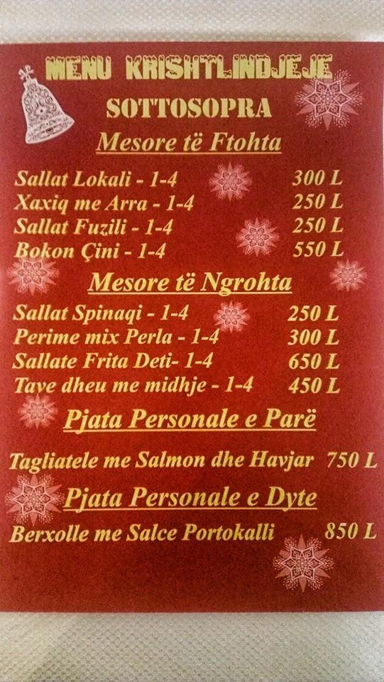 Menu at Sotto Sopra restaurant, Tirana