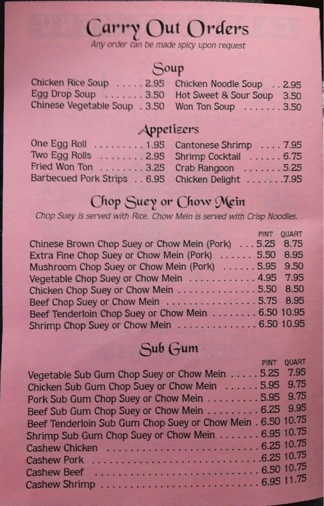 Menu at Yee's Oriental Inn restaurant, Kenosha