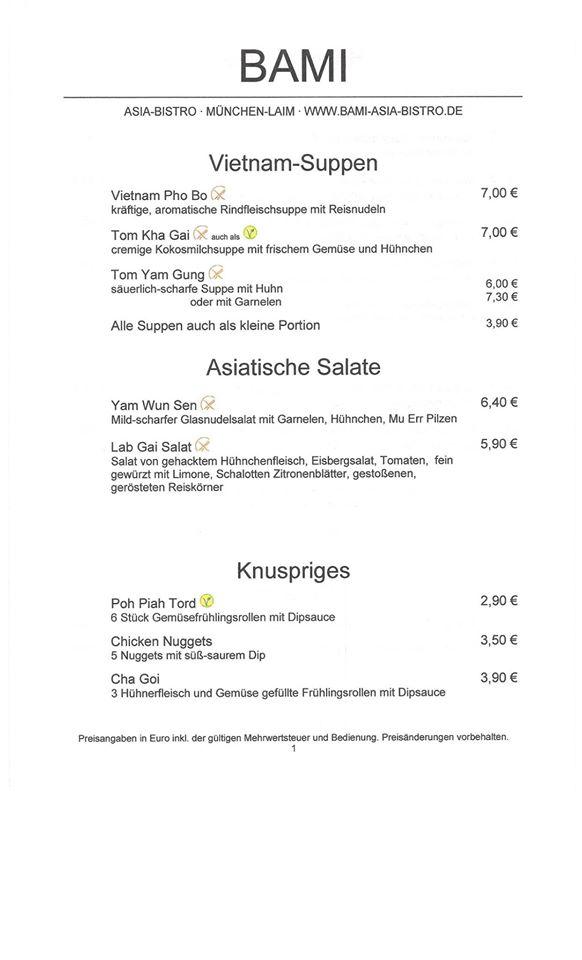 Menu at Bami restaurant, Munich