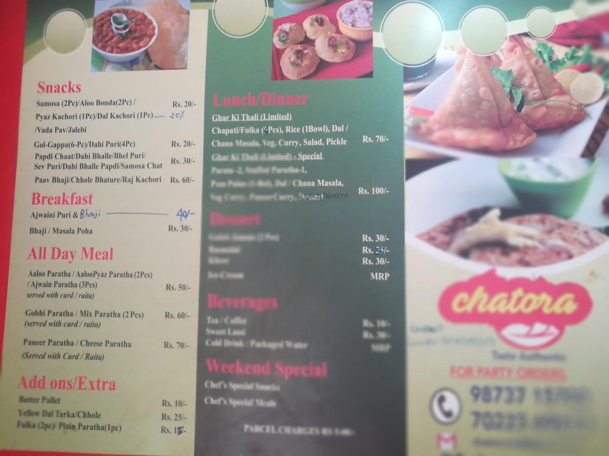 Menu at Chatora, Bengaluru, Siddhapura