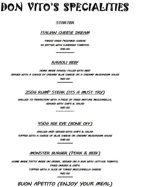 Menu at Don Vito's Italian And Thai Restaurant, Krugersdorp, 9 Terenure Rd