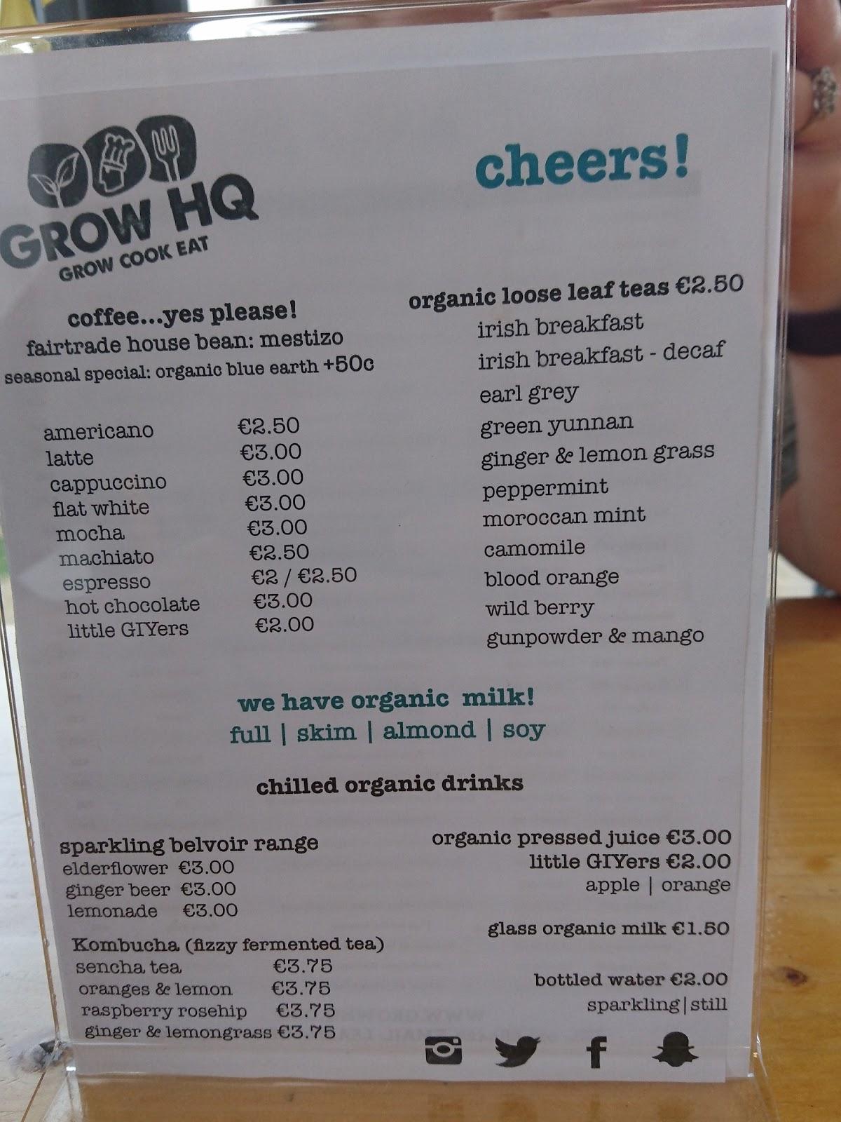 Menu at GROW HQ cafe, Waterford