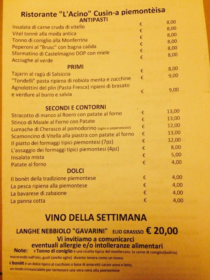 Menu au L'Acino restaurant, Turin, Via San Domenico