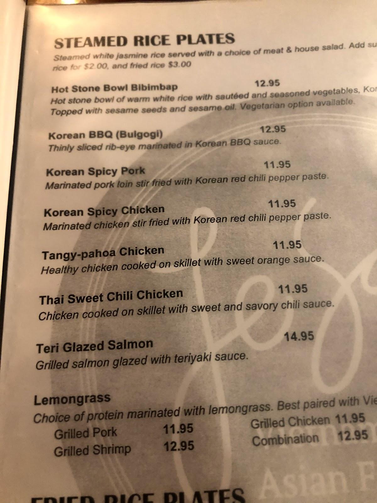 Menu at Le Saigon restaurant, Hammond
