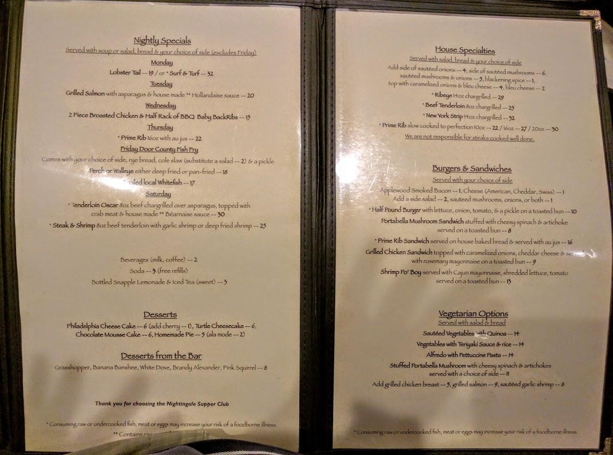 Menu at Nightingale Supper Club, Sturgeon Bay