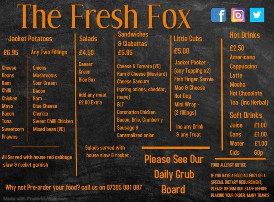 Menu at The Fresh Fox cafe, Saltash