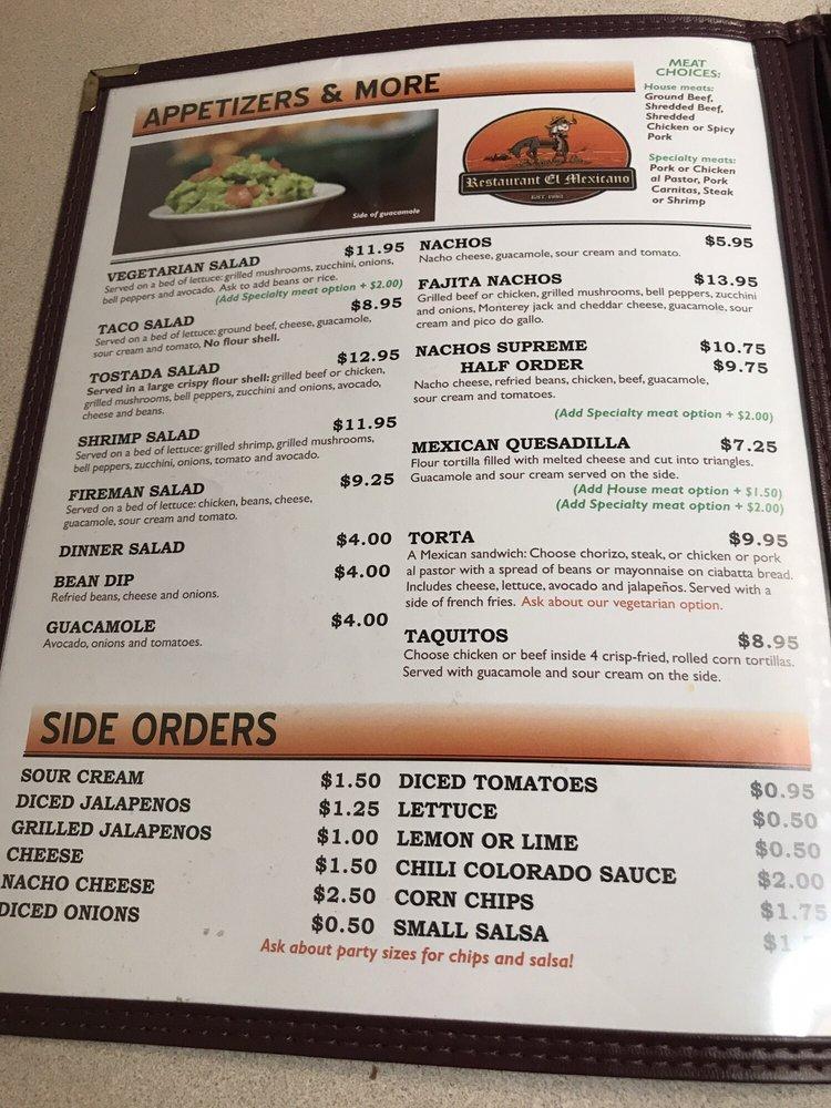 Menu at El Mexicano restaurant, Willits
