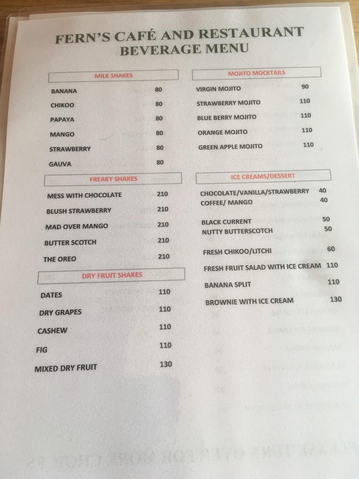 Menu at Ferns cafe, Marna