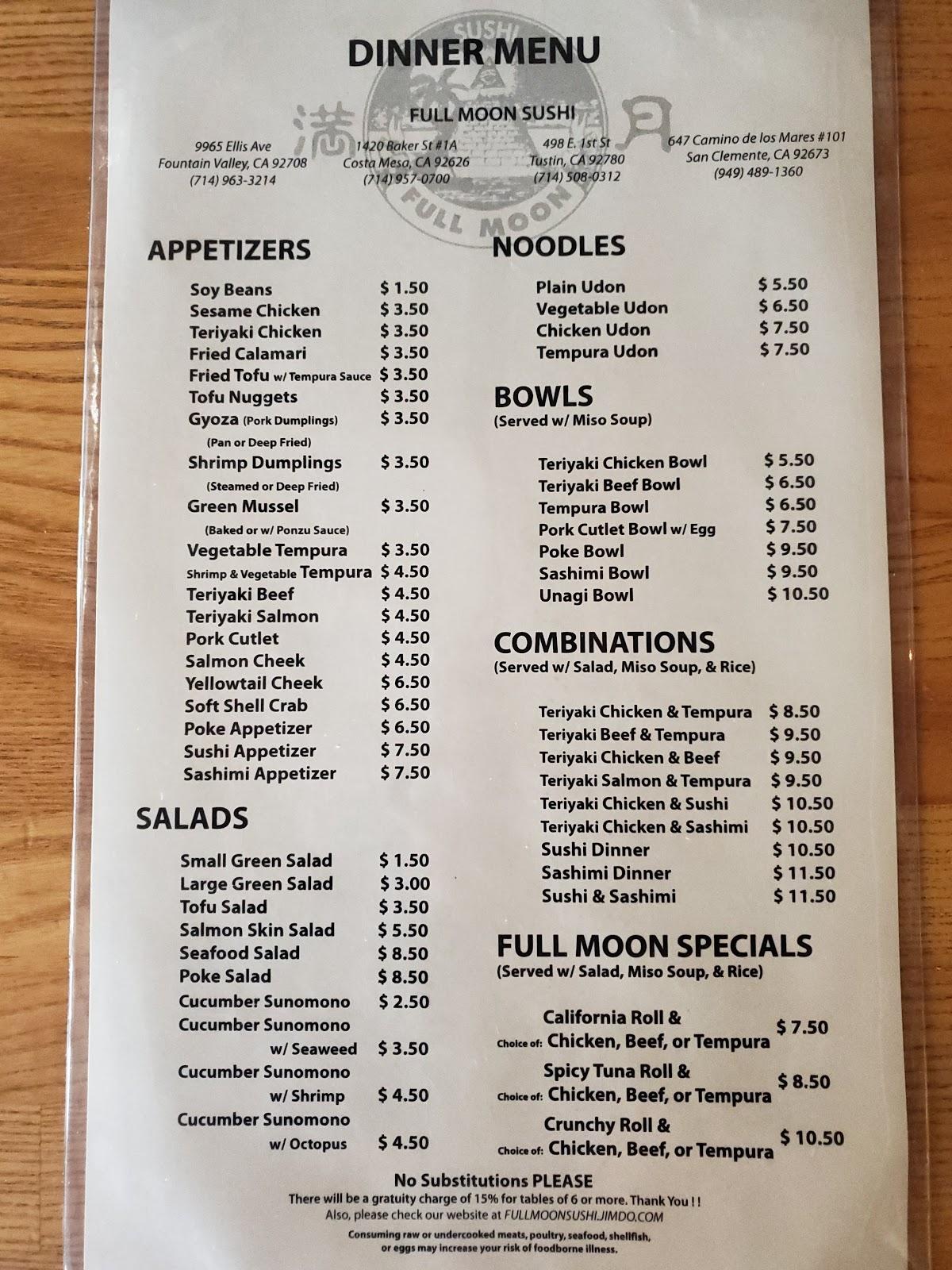 Menu at Full Moon Sushi restaurant, San Clemente