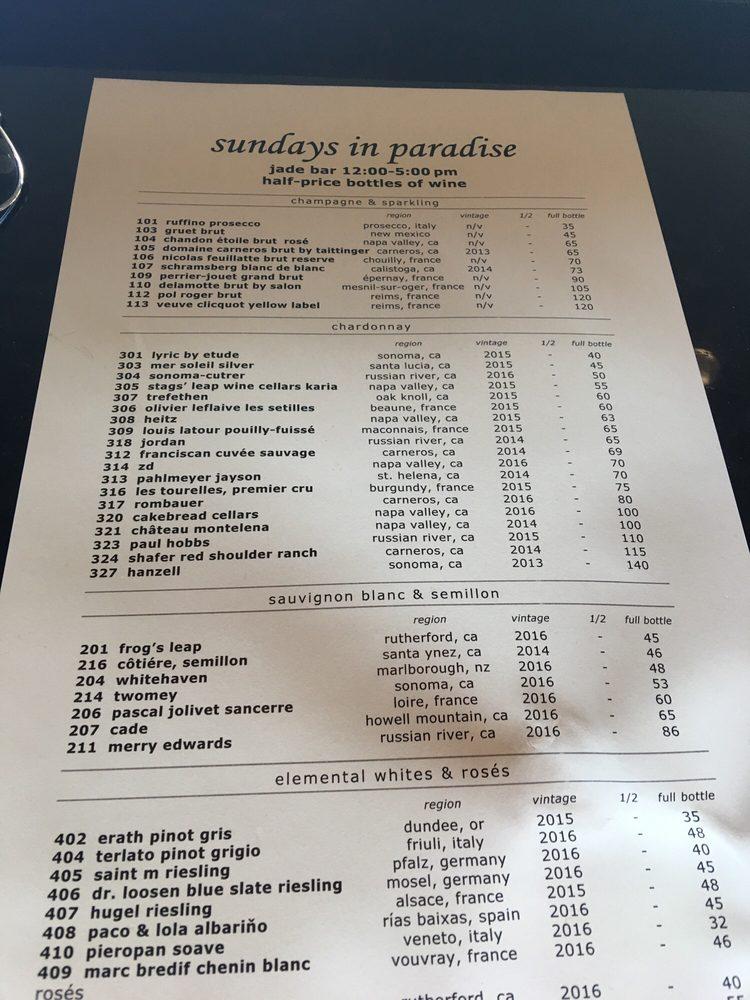 Menu at jade bar, Paradise Valley