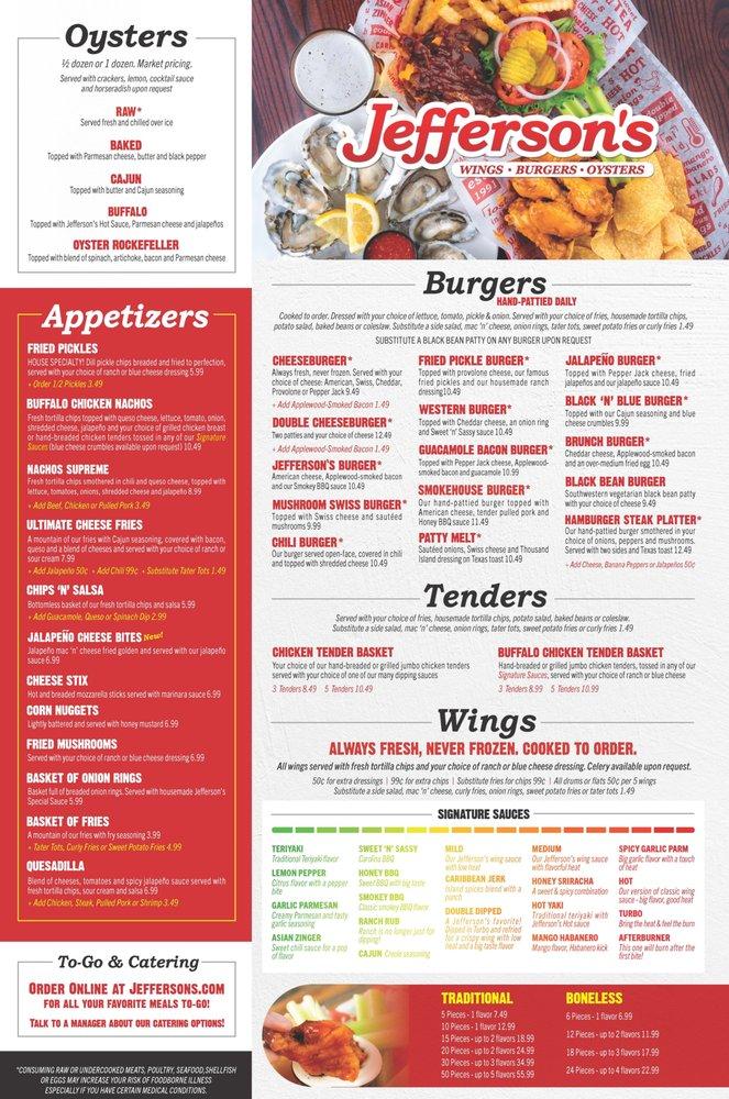 Menu at Jefferson's restaurant, Calhoun