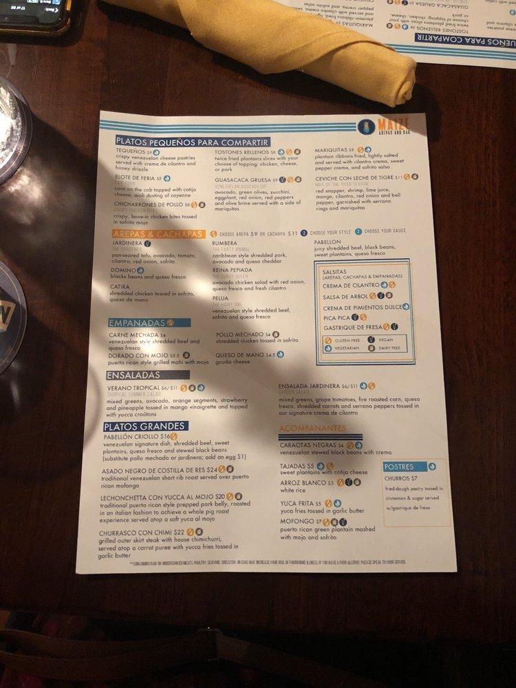 Menu at MAIZE pub & bar, Cincinnati