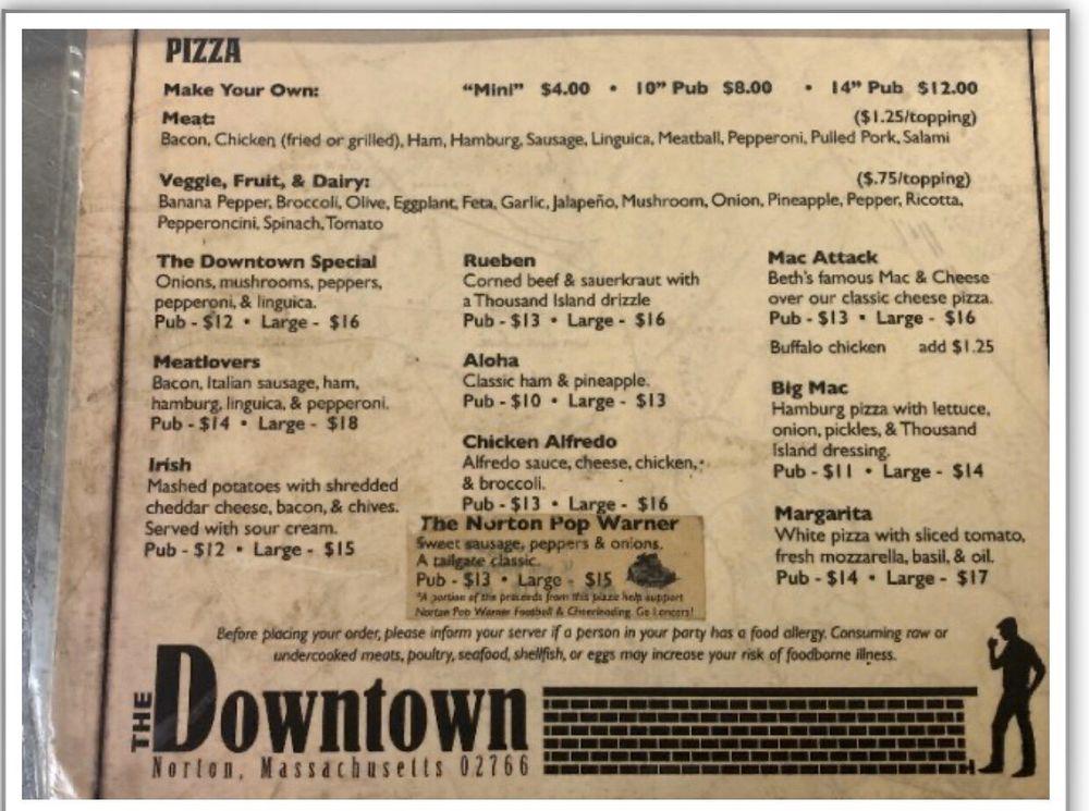Menu at The Downtown pizzeria, Norton