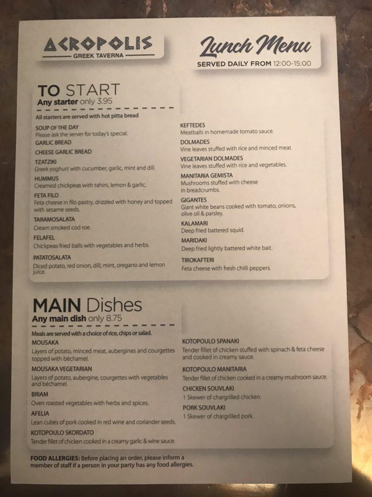 Menu at Acropolis Greek Taverna restaurant, Oxford