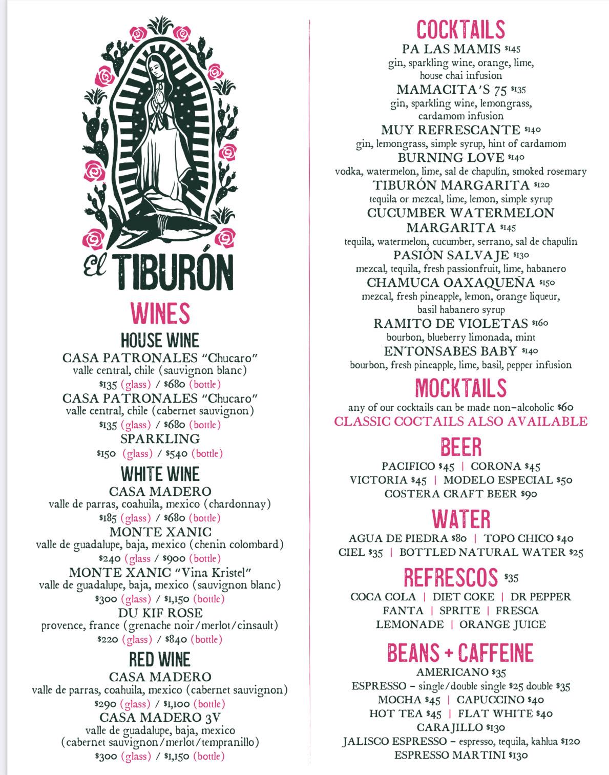 Menu at El Tiburón Sayulita restaurant, Sayulita