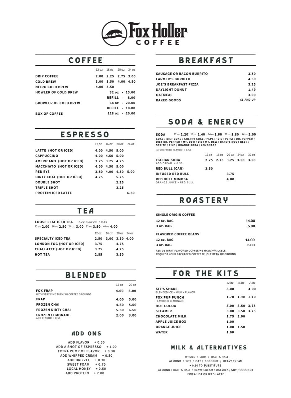 Menu at Fox Holler Coffee, Effingham