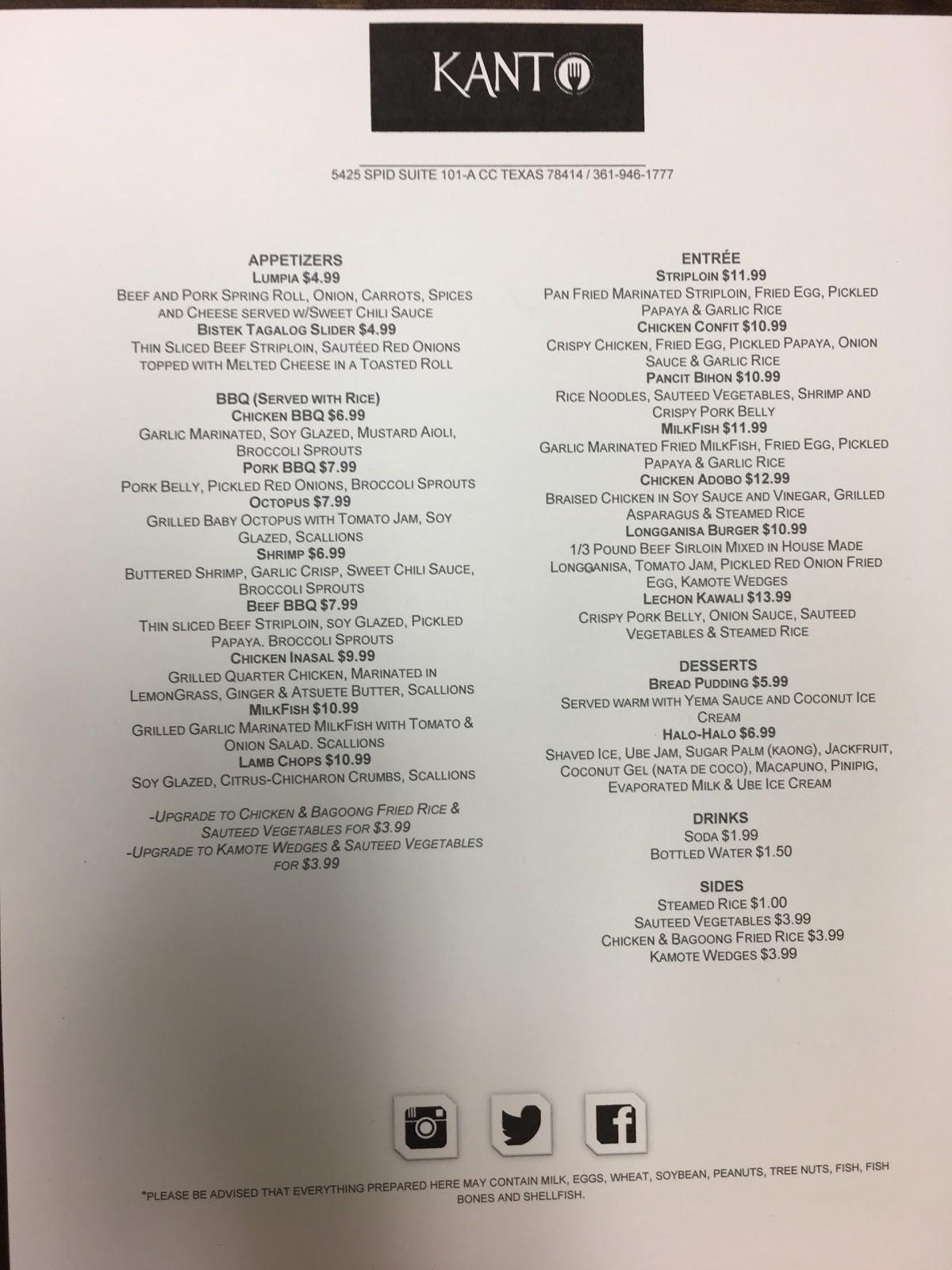 Menu at Kanto Filipino Barbecue, Corpus Christi, -5251 S Staples St