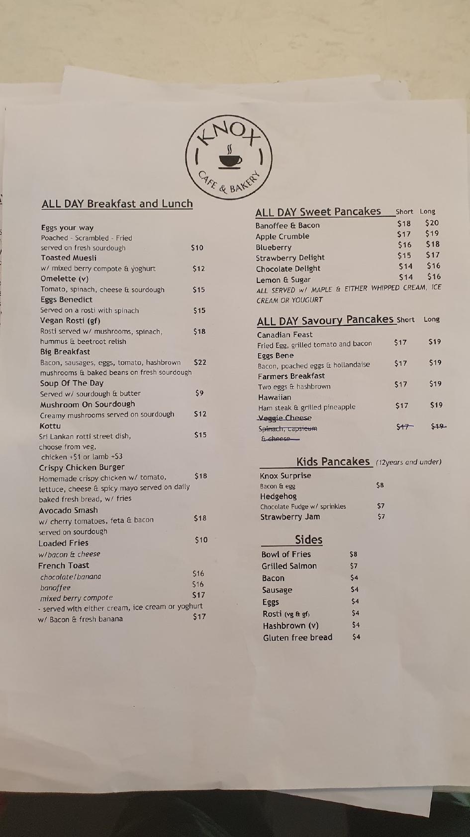 Menu at Knox Cafe & Bakery, Dunedin