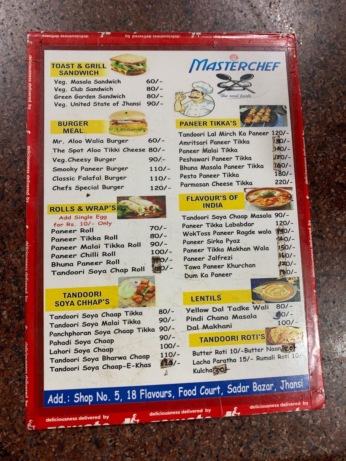 Menu at MASTERCHEF the real taste, Jhansi