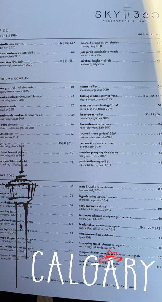 Menu at Sky 360 restaurant, Calgary