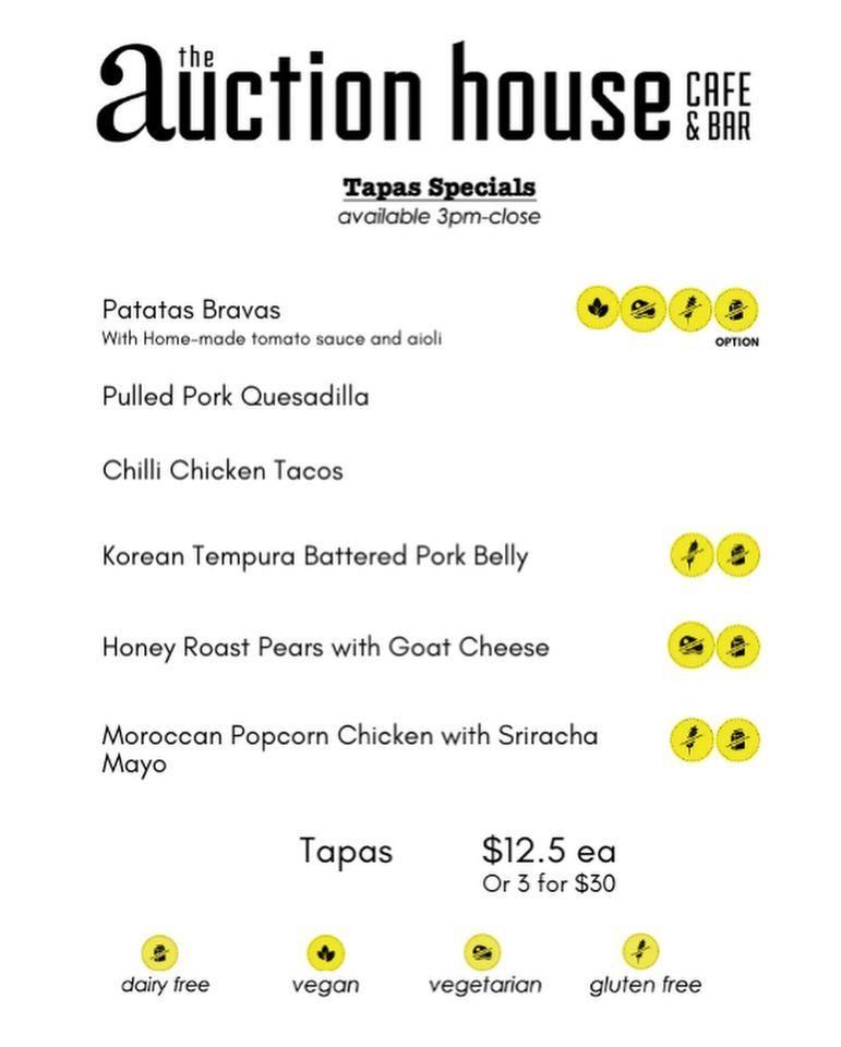 Menu at The Auction House cafe, Invercargill