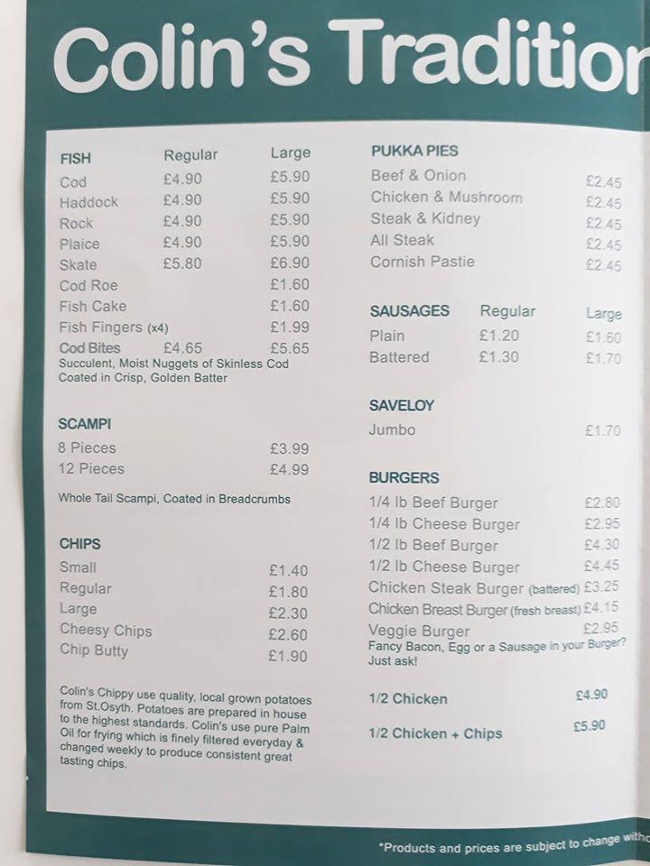 Menu at Fish & Chips Clacton-on-Sea - Colin's at the Lighthouse ...