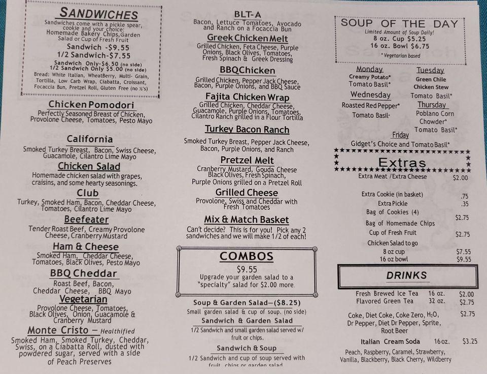 Menu at Gidgets Sandwich Shack restaurant, Wichita Falls