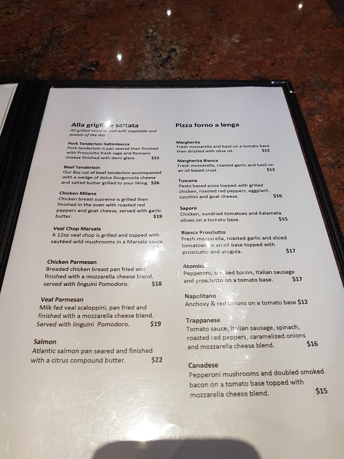 Menu at Matteo's restaurant, Welland