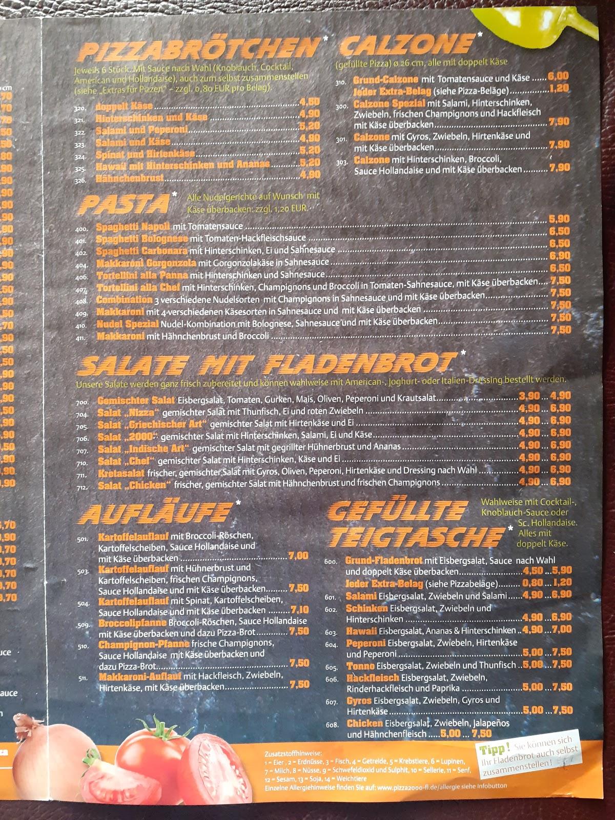 Menu at Pizza 2000, Harrislee