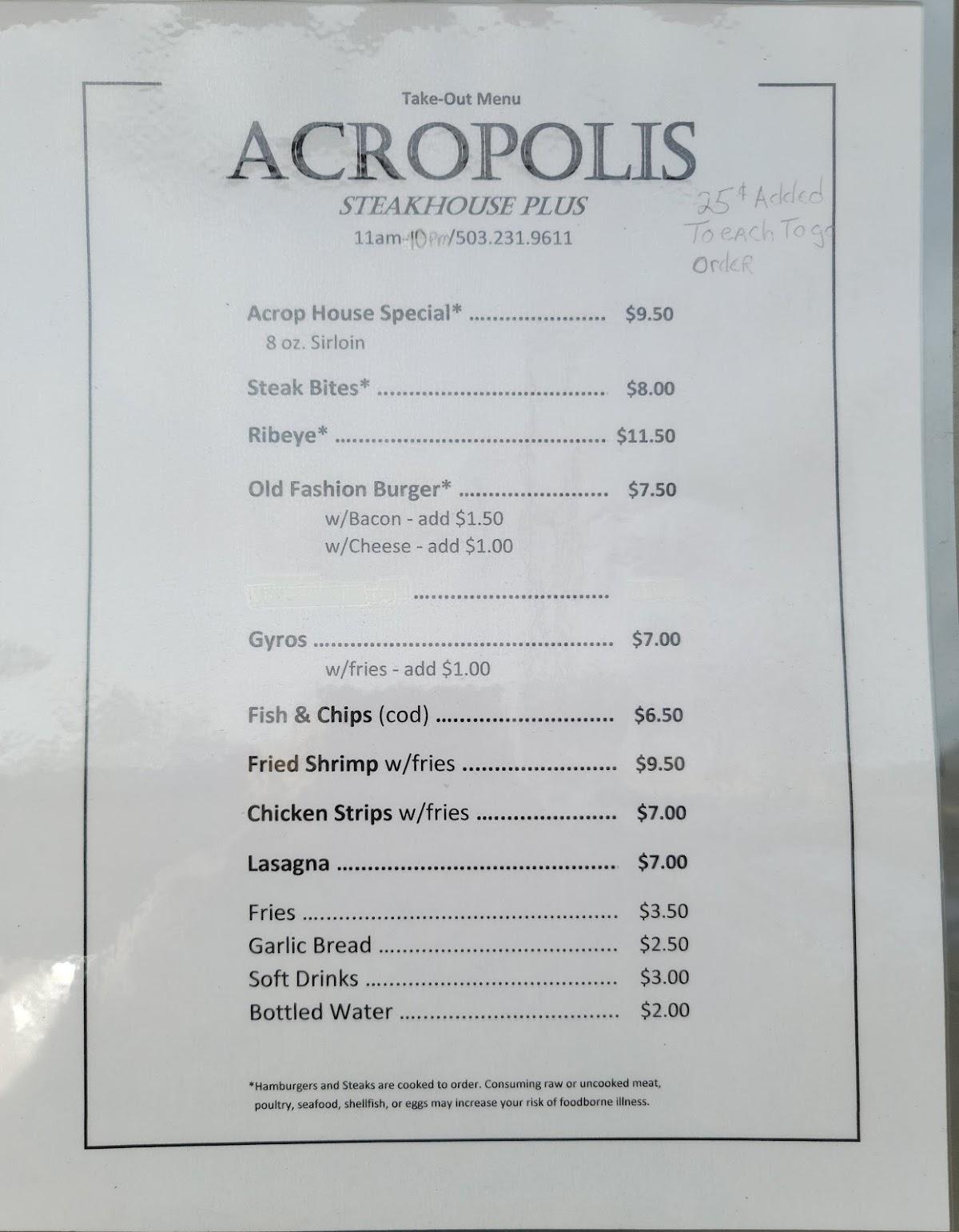 Menu at Acropolis Steakhouse, Portland