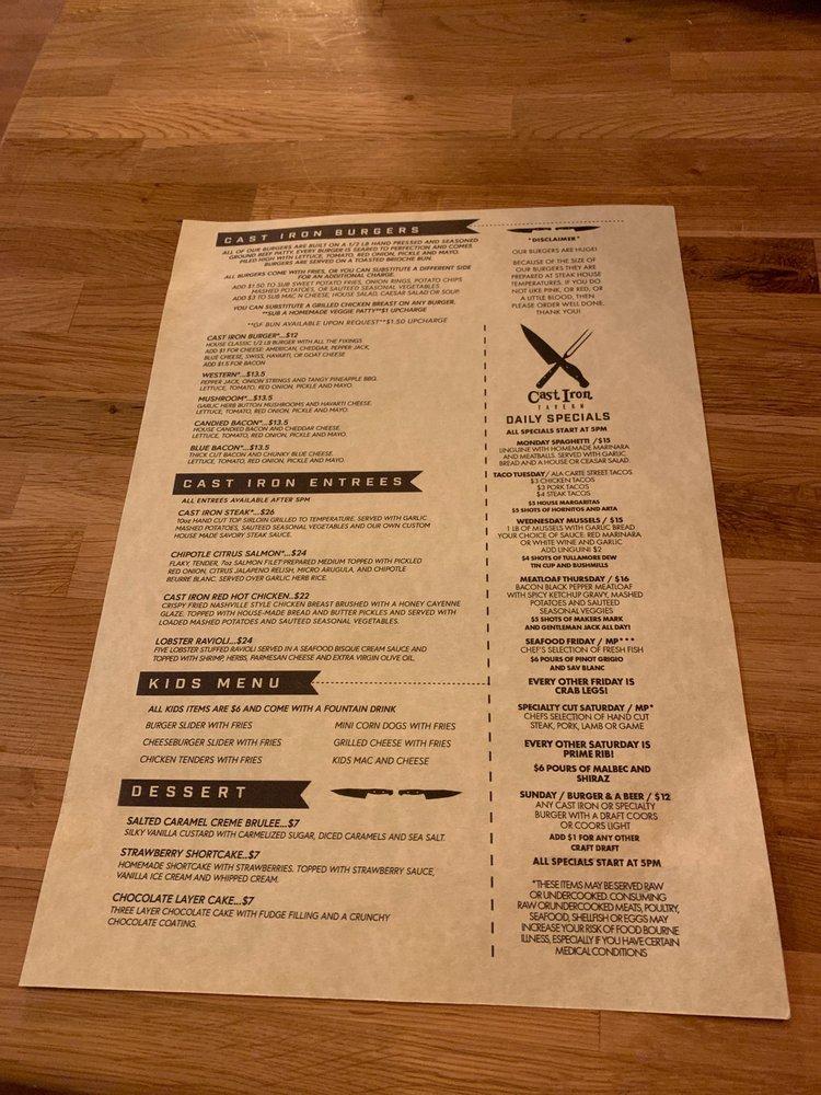 Menu at Cast Iron Tavern pub & bar, Golden