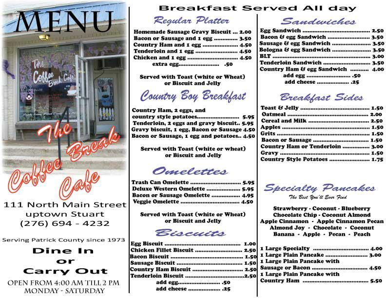 Menu at Coffee Break restaurant, Stuart