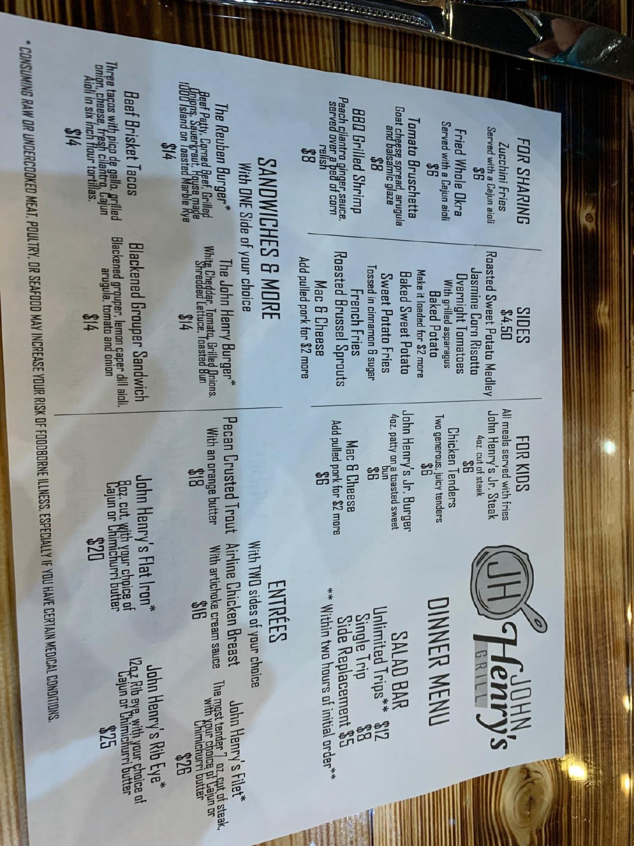 Menu at John Henry's Grill steakhouse, Rome