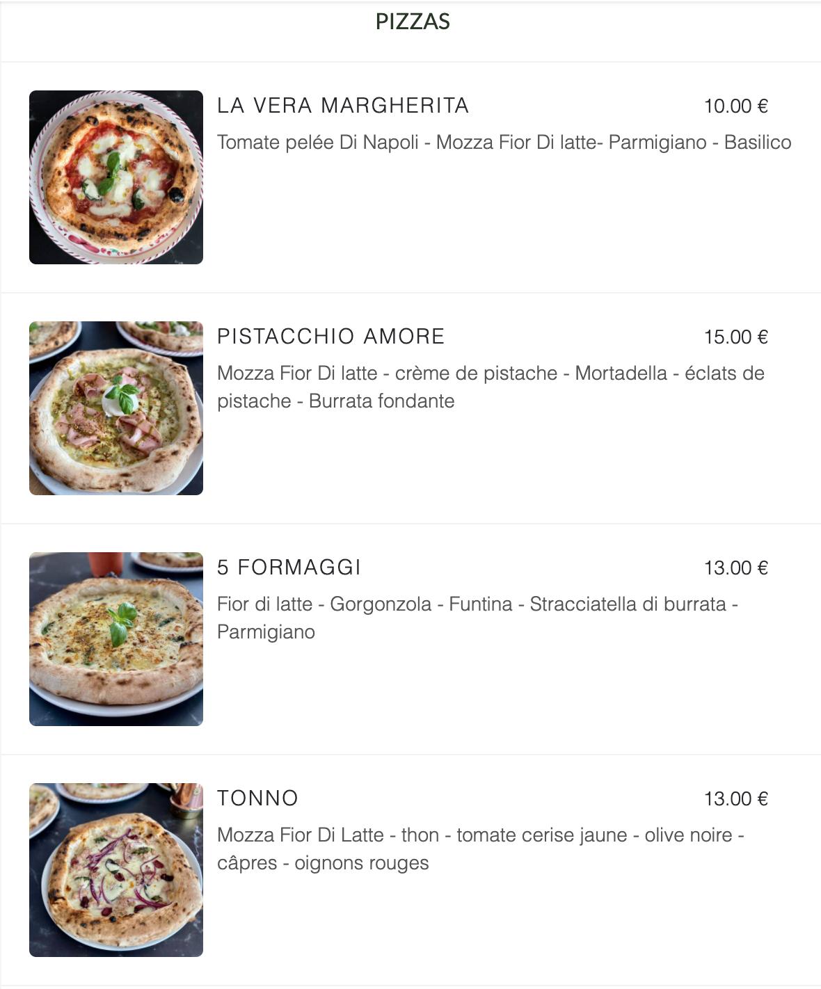 Menu au NONNO pizzeria, Épinal