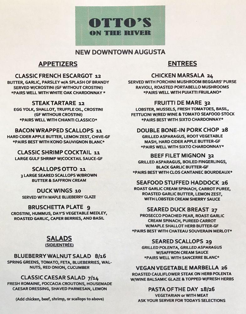 Menu at Otto's on the River restaurant, Augusta