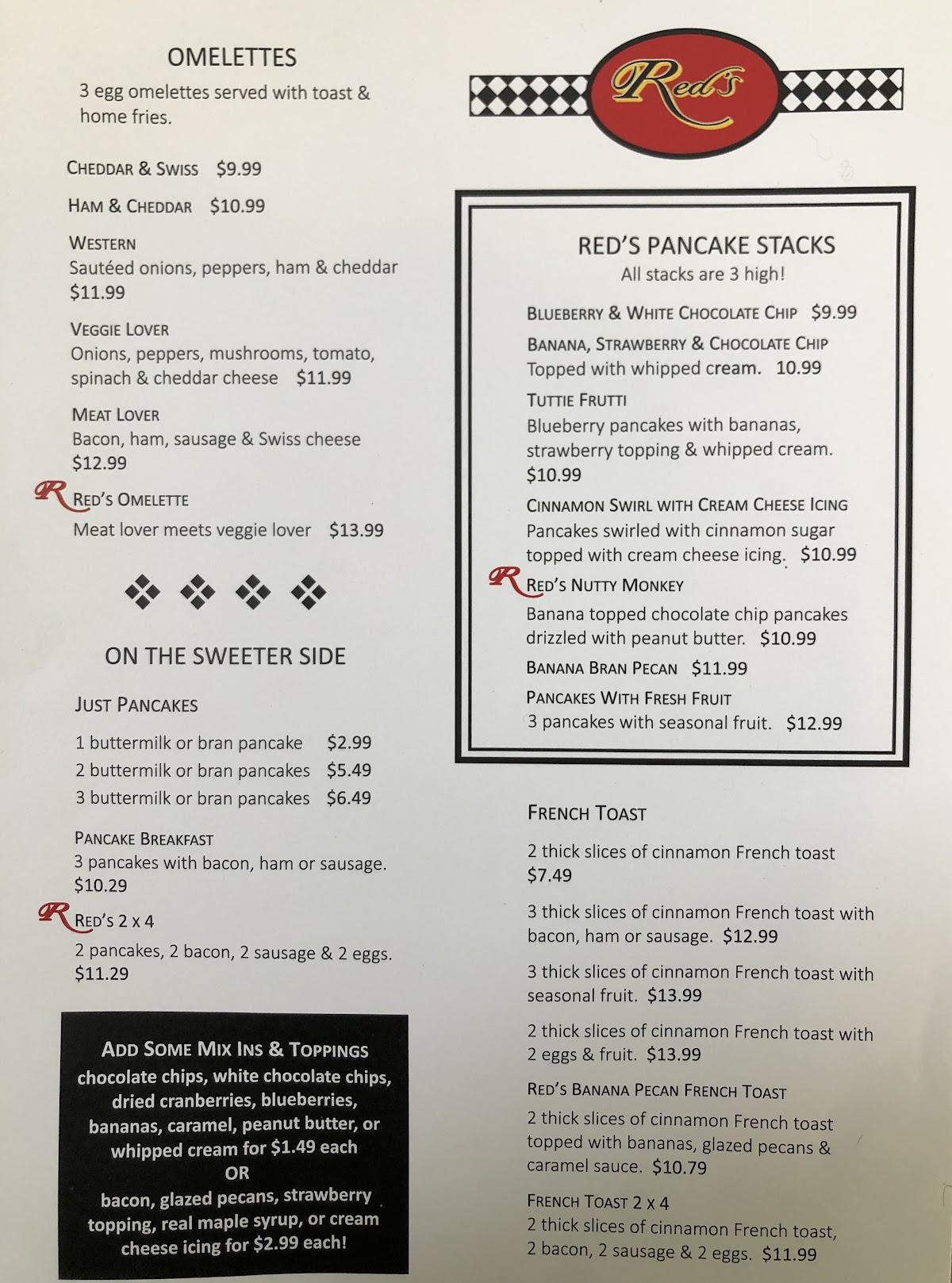 Menu at Red's Diner restaurant, Quinte West