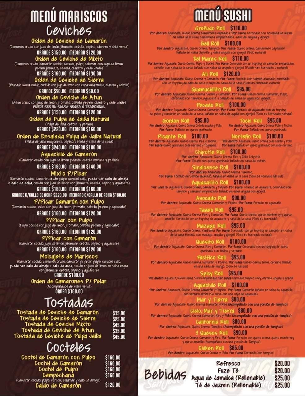 Menu at Sushi y mariscos el niño perdido restaurant, Mezcales