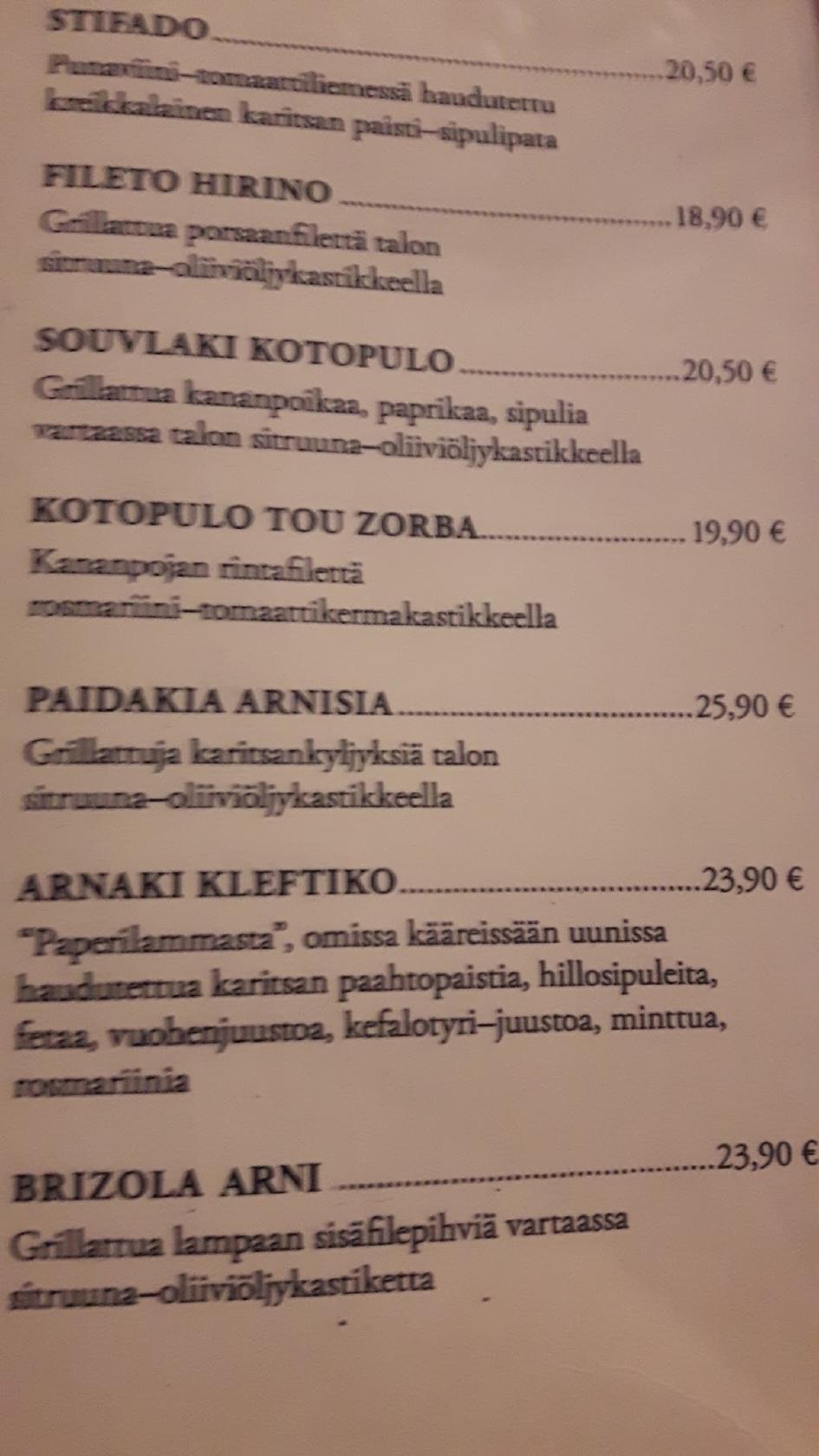 Menu at Taverna Zorbas restaurant, Helsinki