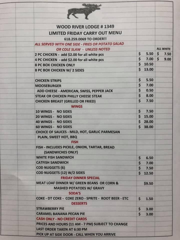 Menu at Wood River Moose Lodge #1349 pub & bar, Wood River