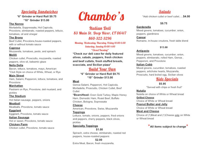 Menu at Chambo’s Italian Deli restaurant, Deep River