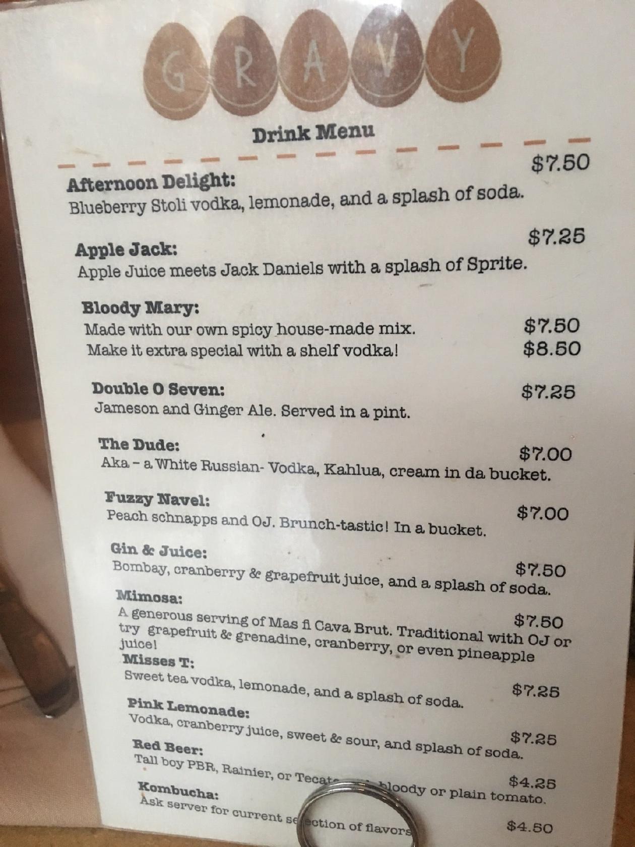 Menu at Gravy restaurant, Portland, N Mississippi Ave