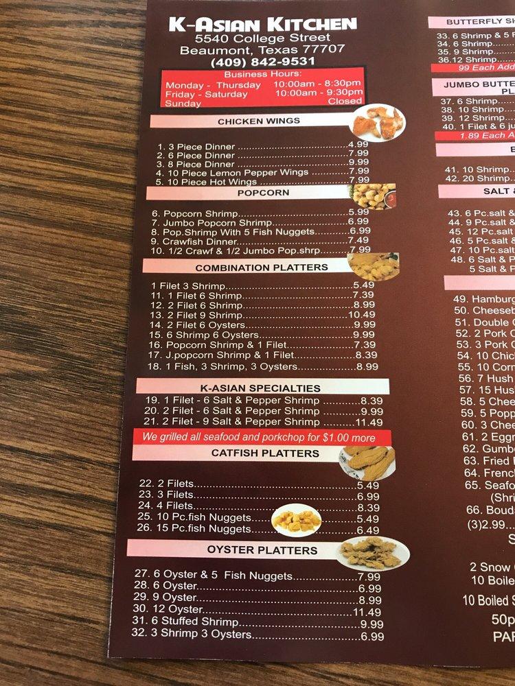 Menu at K Asian Kitchen restaurant, Beaumont, College St